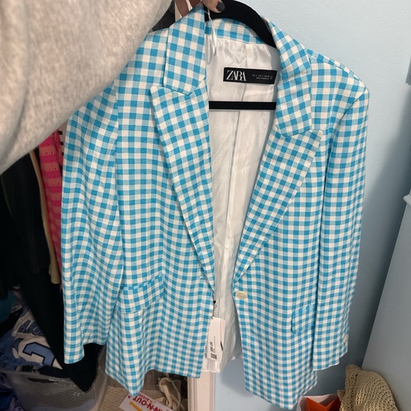Zara | Jackets & Coats | Zara Turquoise Checkered Womens Blazer | Poshmark